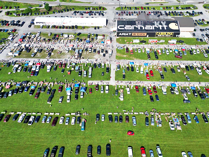 From above, the parking lot resembles an organized chaos of possibility&mdash;each vehicle a treasure chest waiting to be unloaded or filled.