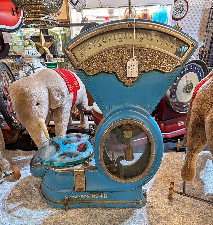 This magnificent blue Stimpson scale once weighed everything from penny candy to precious metals. Now it's measuring its own worth in collector fascination.