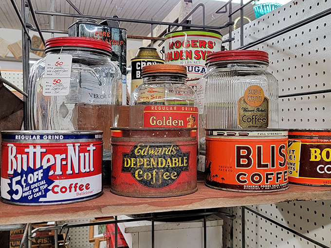 Coffee tins that tell the story of American mornings through the decades. Butter-Nut's "5&cent; OFF" feels like the deal of the century now.