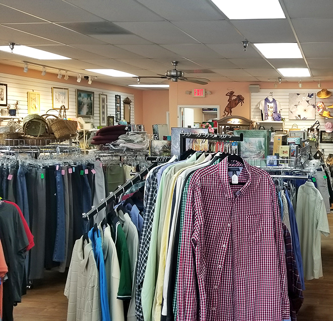 Men's clothing displayed with unexpected care&mdash;that red checkered shirt might have stories to tell from Ocala's horse country or downtown gatherings.