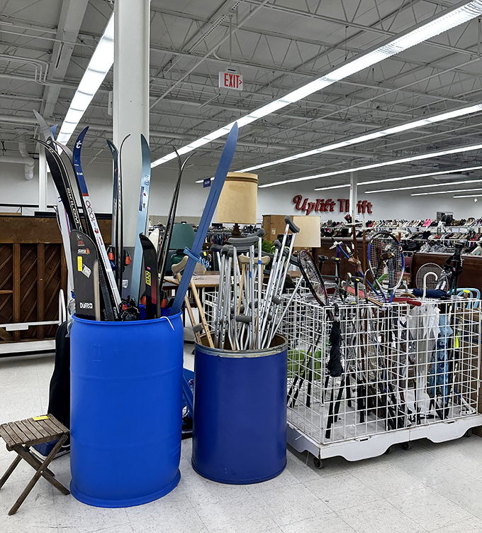 Winter sports equipment stands ready for Michigan's snowy months, proving one person's off-season cleanout becomes another's seasonal preparation.