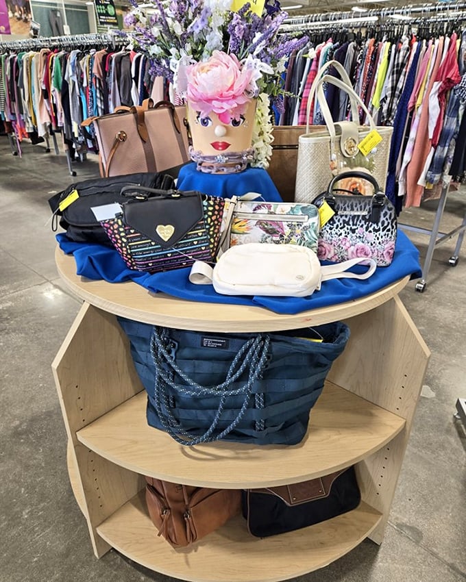 Handbag paradise or purse museum? This artful display showcases everything from designer-inspired totes to vintage clutches that outlasted their original owners' fashion phases.