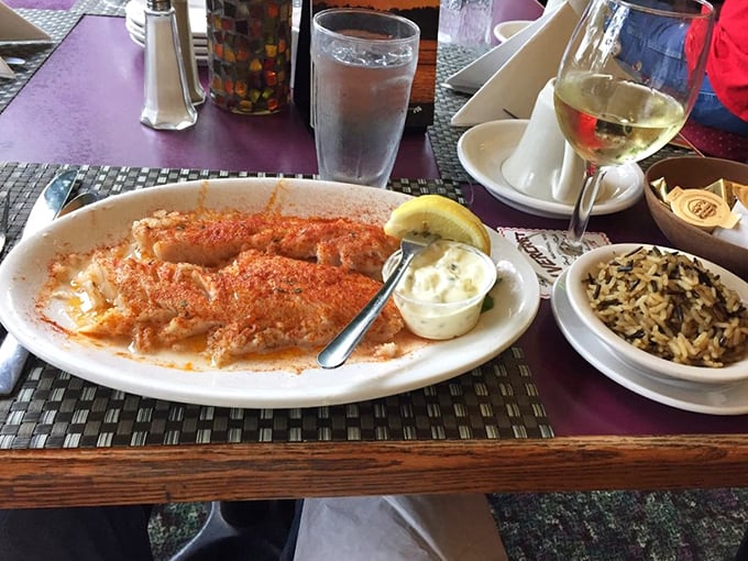 The walleye pike arrives golden and tender, with wild rice that's had a more interesting life than most people.