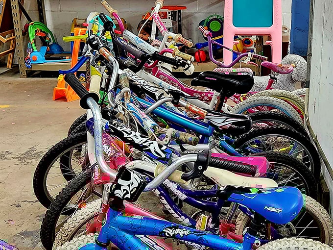 Bicycle heaven for kids and nostalgic adults alike. That pink sparkly model might have starred in someone's best childhood memory.