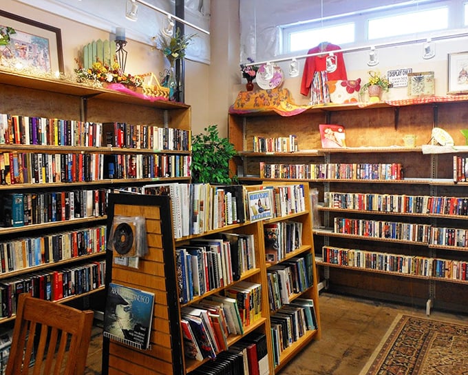 A bibliophile's dream where literary treasures wait patiently on wooden shelves. That out-of-print cookbook might contain your new signature dish!