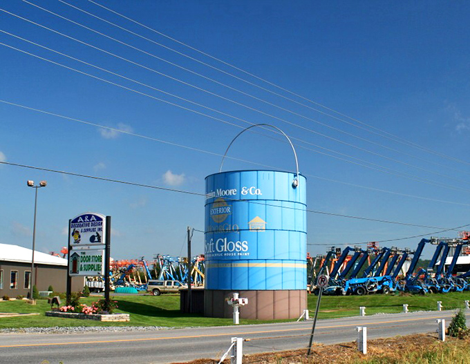 Where industrial meets whimsical. Nestled among equipment and businesses, this blue behemoth has become an unexpected local landmark.