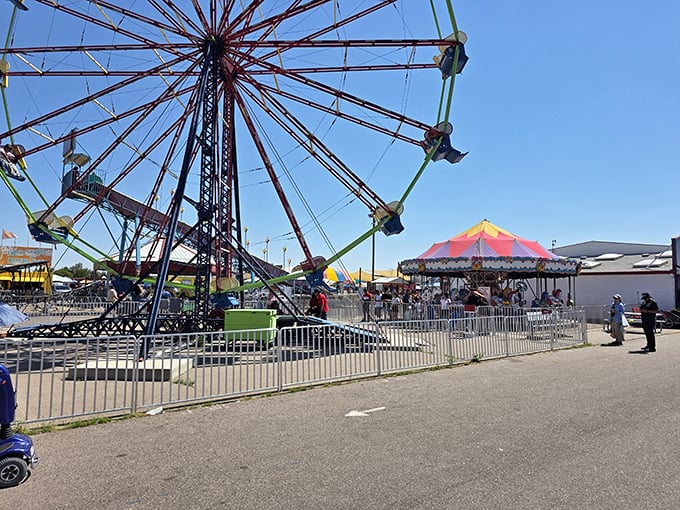 The Ferris wheel stands tall against Colorado's blue sky, offering a moment of childhood joy between bargain hunts.