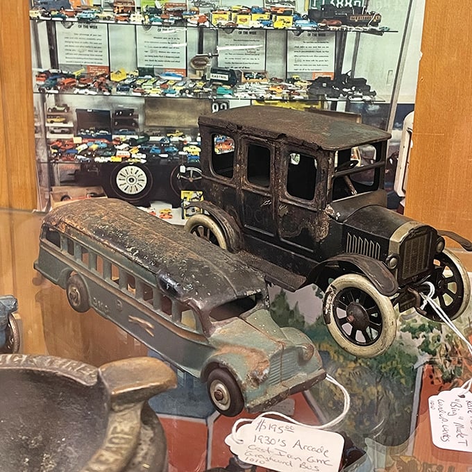 Vintage toy vehicles that survived decades of childhood chaos, now preserved like the precious artifacts they always were.