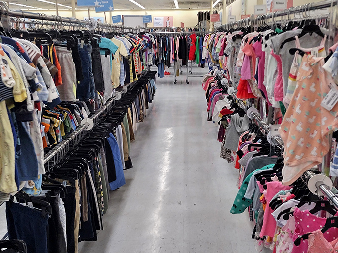 A rainbow corridor of possibilities where tiny fashionistas can build wardrobes without breaking their parents' piggy banks. Childhood style, adult savings.