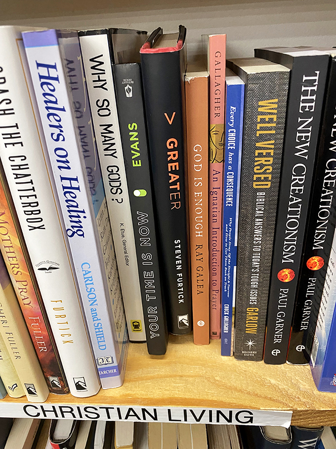 Faith and philosophy share shelf space in perfect harmony, proving that profound spiritual guidance doesn't require emptying your earthly wallet.
