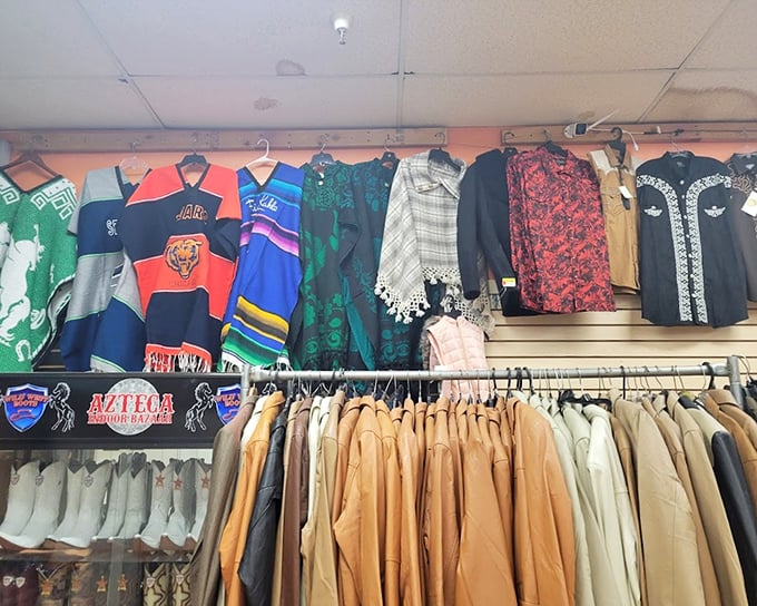 Vintage sports jerseys hang like colorful flags of allegiance. One person's throwback is another's treasure—and at these prices, why not collect them all?