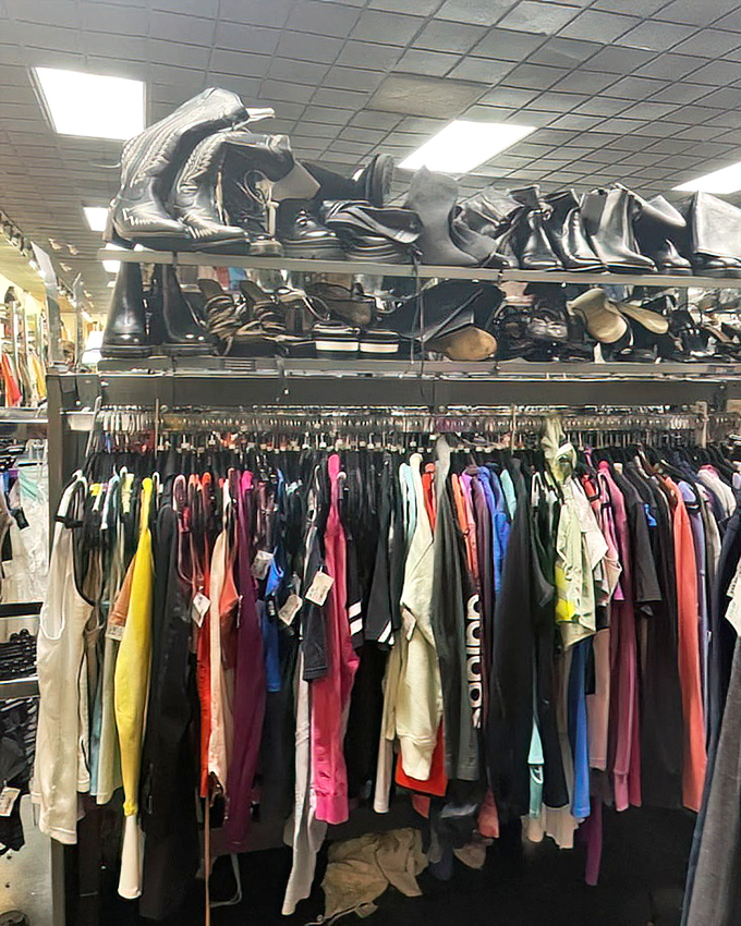 Boot boulevard meets shirt street. The vertical real estate maximizes browsing potential for fashion archaeologists on the hunt.