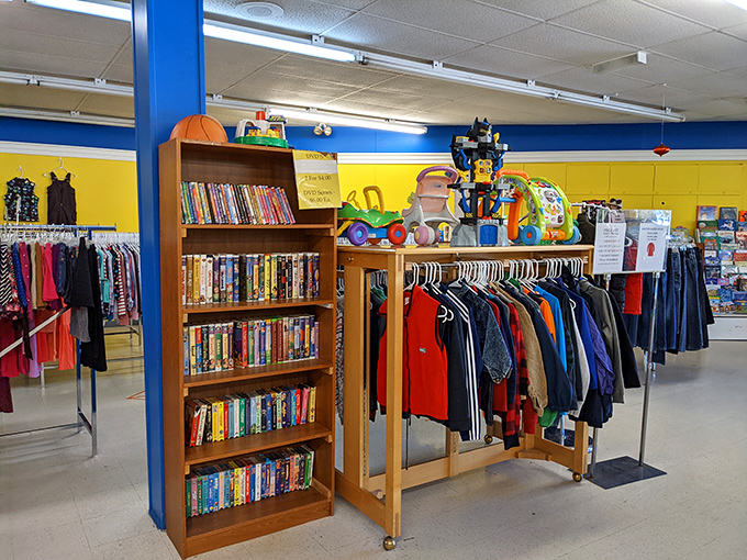 The children's section is organized by color, creating a rainbow of possibilities for growing kids. Tiny fashionistas start their journeys here.