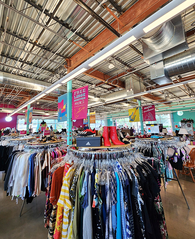 Circular racks loaded with possibilities, where yesterday's fashion mistakes become tomorrow's vintage victories and Instagram posts.