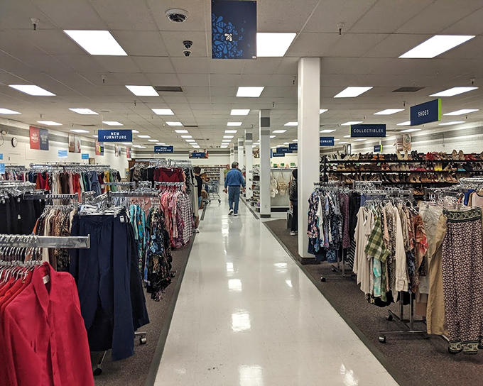 Clothing racks stretch toward the horizon like a textile Grand Canyon. The thrill of the hunt is real in these orderly aisles.