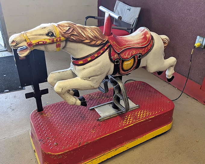 This vintage coin-operated horse ride isn't just nostalgic decor &ndash; it's a time machine to simpler days when a quarter bought three minutes of childhood joy.