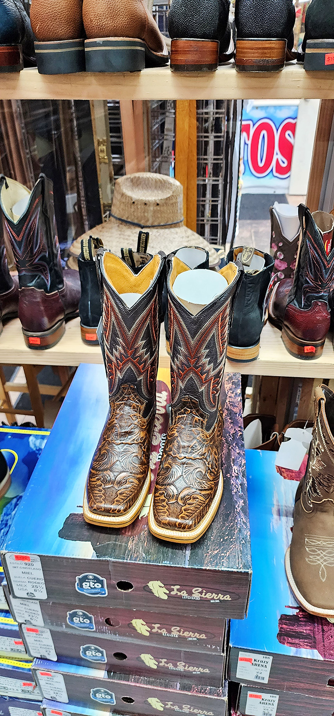 Cowboy boots that tell stories without saying a word. Each scuff and stitch pattern represents a different chapter in American West fashion. 