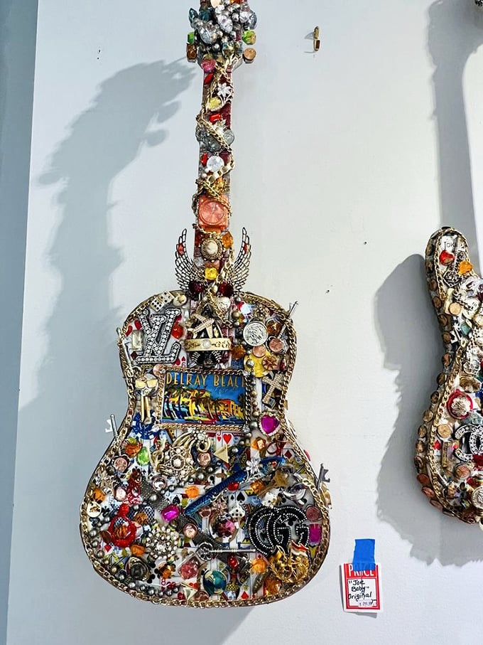 Not just decoration&mdash;this bejeweled guitar is functional folk art, showcasing Delray Beach pride through hundreds of carefully placed trinkets and treasures.