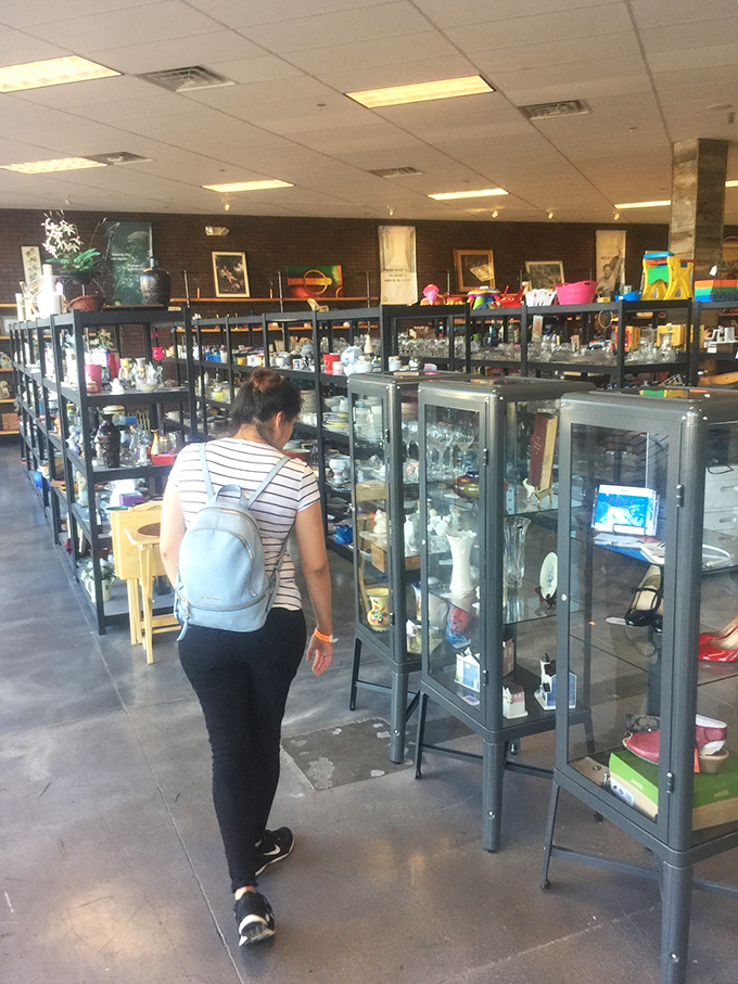 Treasure hunting is serious business. Glass display cases protect the more delicate finds while shelves showcase an eclectic mix of home d&eacute;cor possibilities.