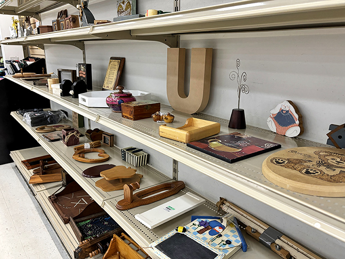 Decorative treasures line the shelves waiting for someone to recognize their potential, like actors at an audition hoping for their big break.