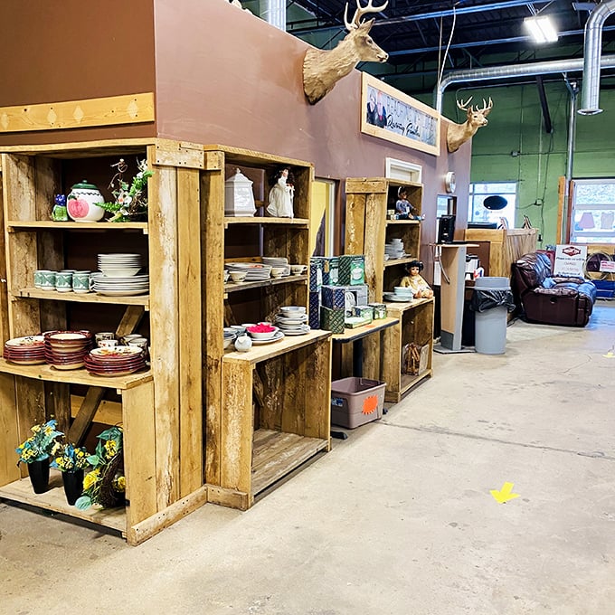 Rustic wooden shelves showcase dishes with previous lives. That watermelon-shaped platter is calling your name from across the room!