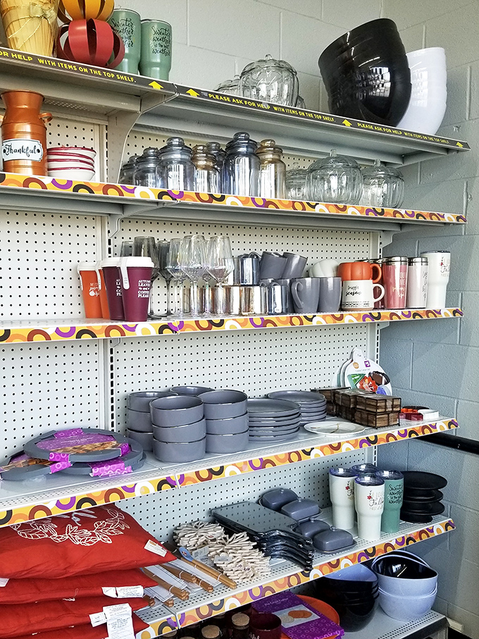 Glassware, mugs, and kitchen essentials line these cheerful shelves, offering affordable home upgrades that would make even Marie Kondo spark with joy.