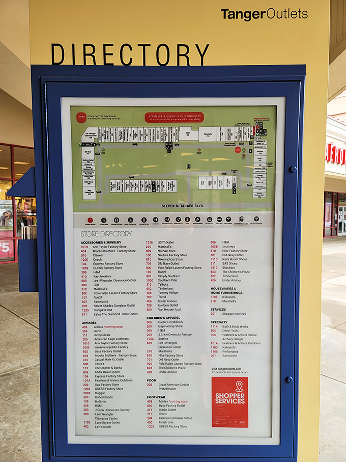 The mall directory: part treasure map, part strategy guide for the serious shopper who approaches bargain hunting like a tactical operation.
