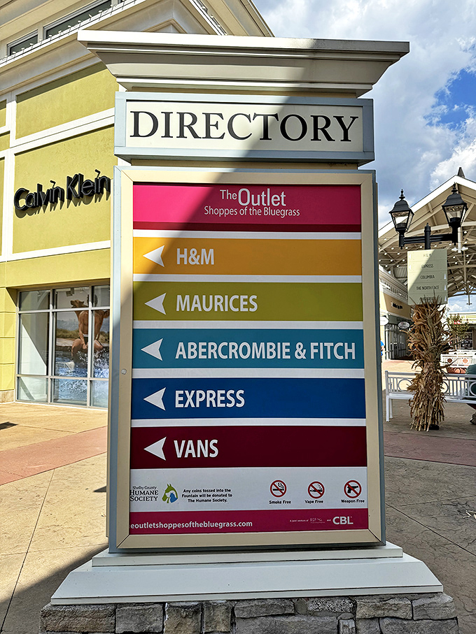 The colorful directory serves as your treasure map to retail adventures. X marks the spot where your wallet breathes easier.