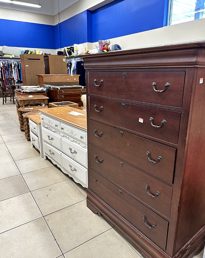 Solid wood dressers with stories to tell. That mahogany beauty has probably seen more family photos than most Instagram influencers.