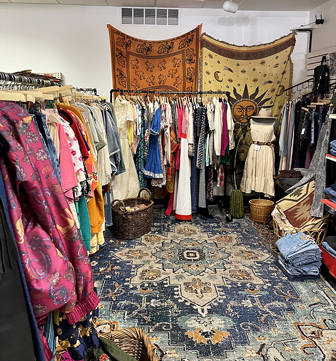 A bohemian corner that feels like stepping into a 1970s music festival, complete with sun tapestries and enough colorful fabric to outfit Woodstock.