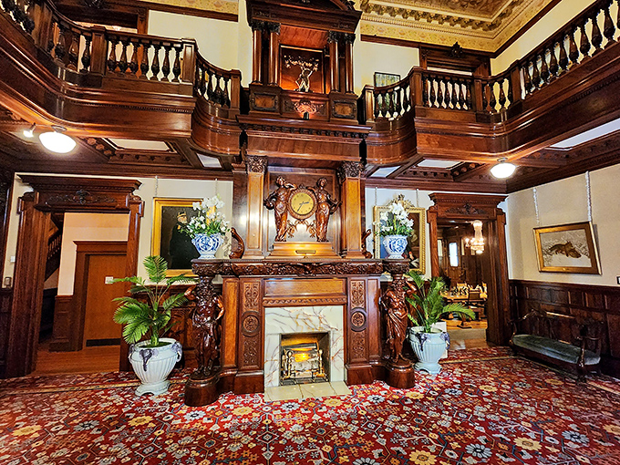 The mansion's ornate fireplace isn't just a heat source – it's a wooden masterpiece where carved figures seem ready to jump into the room for a chat over coffee.