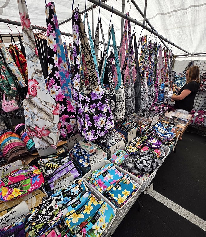 A kaleidoscope of floral fabrics transformed into bags and pareos &ndash; Hawaiian patterns so vibrant they practically sing "Tiny Bubbles."