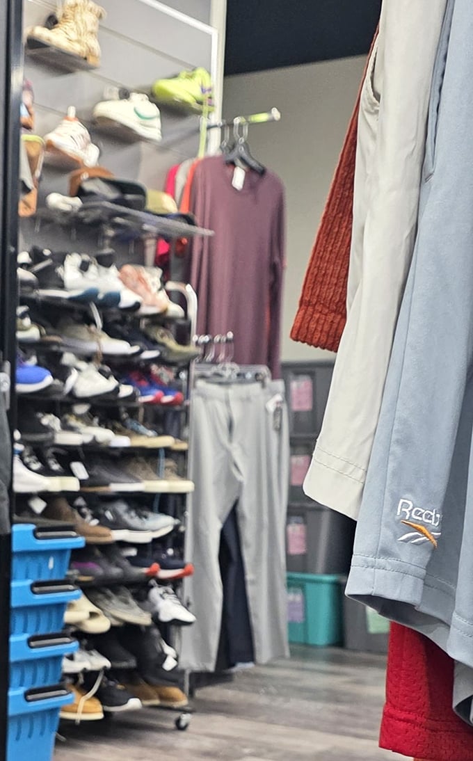 The footwear section: where barely-worn boots and pristine sneakers get their second chance at glory, and your wallet gets a much-needed break.