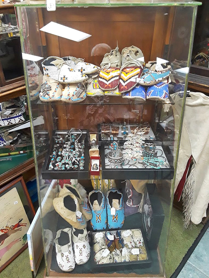 Native American craftsmanship preserved behind glass. These moccasins walked the same Oklahoma soil we tread today, just a century or two earlier.