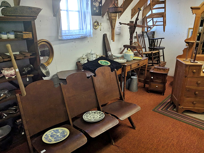 Church pew seating offers respite for weary treasure hunters, while blue willow plates wait patiently for their next Sunday dinner invitation.