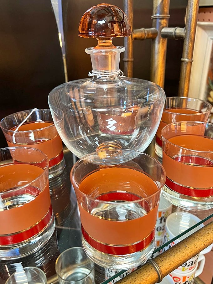 That vintage decanter set screams "Mad Men" cocktail hour &ndash; Don Draper would've definitely kept this on his home bar.