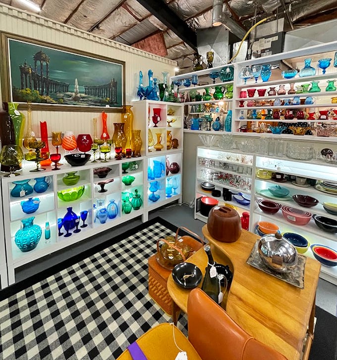 Color therapy, vintage-style! This glass collection transforms ordinary light into a kaleidoscope that would make your grandmother swoon with recognition.