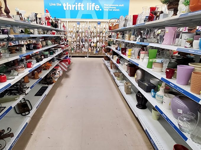 "Live the thrift life" isn't just a slogan—it's a philosophy displayed above an endless horizon of glassware with stories to tell.