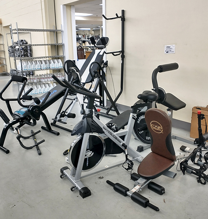 The fitness equipment section: where someone else's abandoned New Year's resolution becomes your bargain-priced path to wellness.