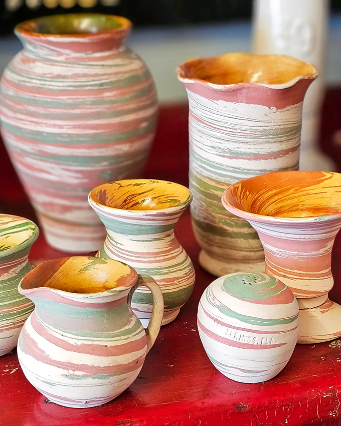 These swirled ceramic pieces look like Florida sunsets captured in clay, each handcrafted vessel ready to begin its second life in a new home.