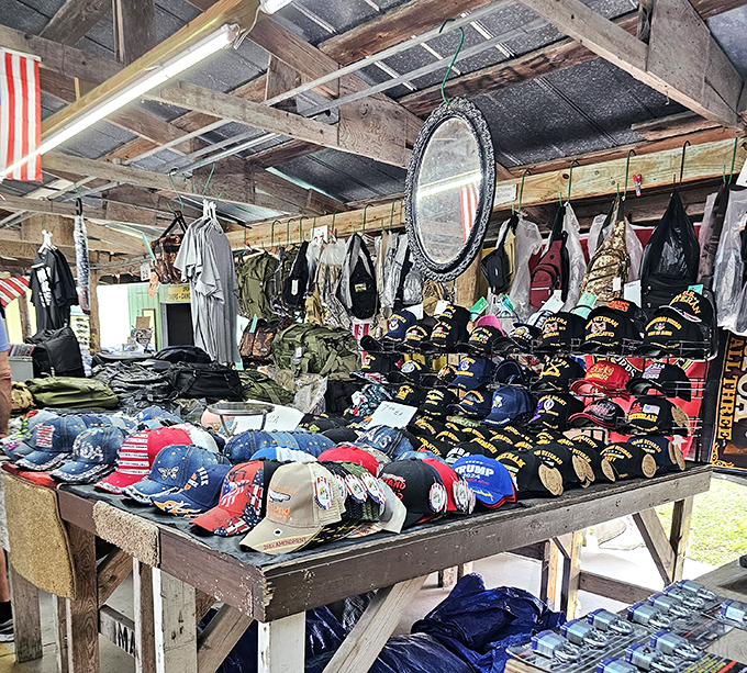 The hat section: where military veterans, sports fans, and political enthusiasts can all find their tribe under one rustic roof.