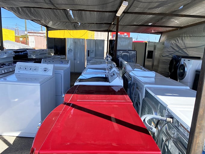 Rows of washing machines standing at attention like appliance soldiers, ready for duty in someone's home.