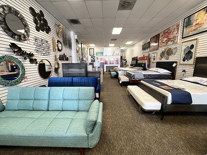 Mid-century modern paradise where teal sofas meet sleek beds. The perfect backdrop for your "after" photos in a home makeover show.