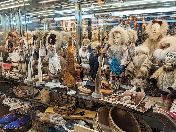 A glass case of cultural heritage. These handcrafted dolls and baskets represent centuries of Alaska Native artistry that's weathered colonization and thrived.