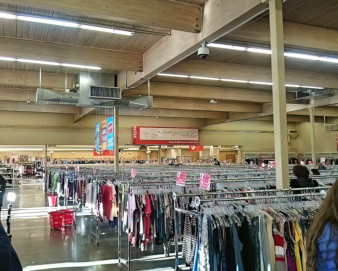 The vastness of Value Village's interior feels like an archaeological dig where the artifacts are from 1985 instead of ancient Rome.