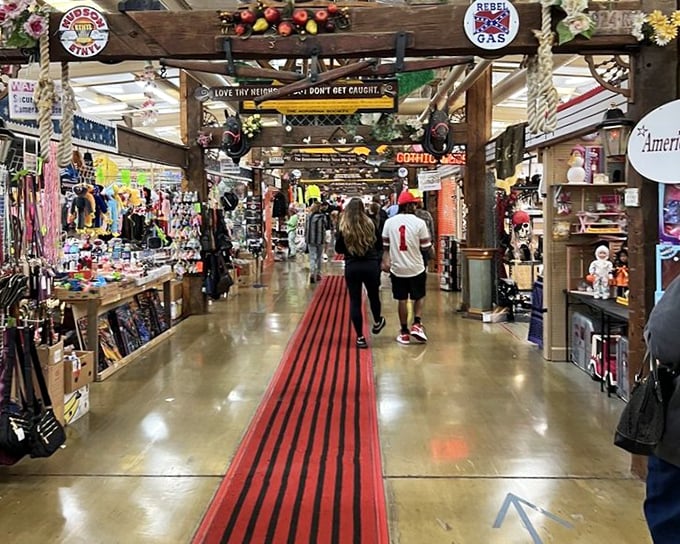 Red carpet treatment, flea market style. These wide aisles with wooden beams overhead create the Carnegie Hall of secondhand shopping.