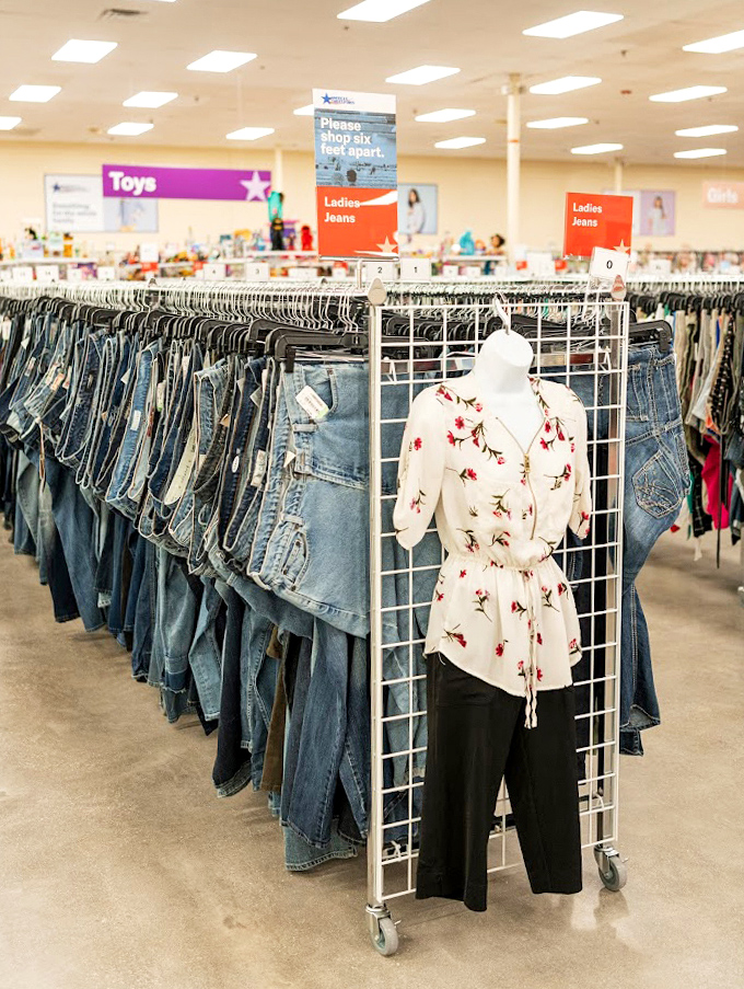 The denim district! More jeans than a 90s sitcom wardrobe department, organized by size so you don't have to wade through the wrong numbers.