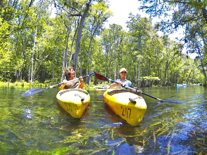 Yellow kayaks cutting through emerald waters&mdash;like butter knives through the world's most refreshing natural dessert.