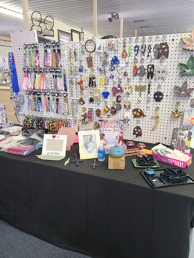 A pegboard paradise of keychains and trinkets. That "I &hearts; my grandpa" frame is practically begging to hold a photo of your most embarrassing haircut.