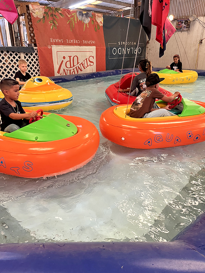 Who says shopping can't be fun for everyone? These aqua bumper boats give kids their own adventure while parents hunt for bargains.